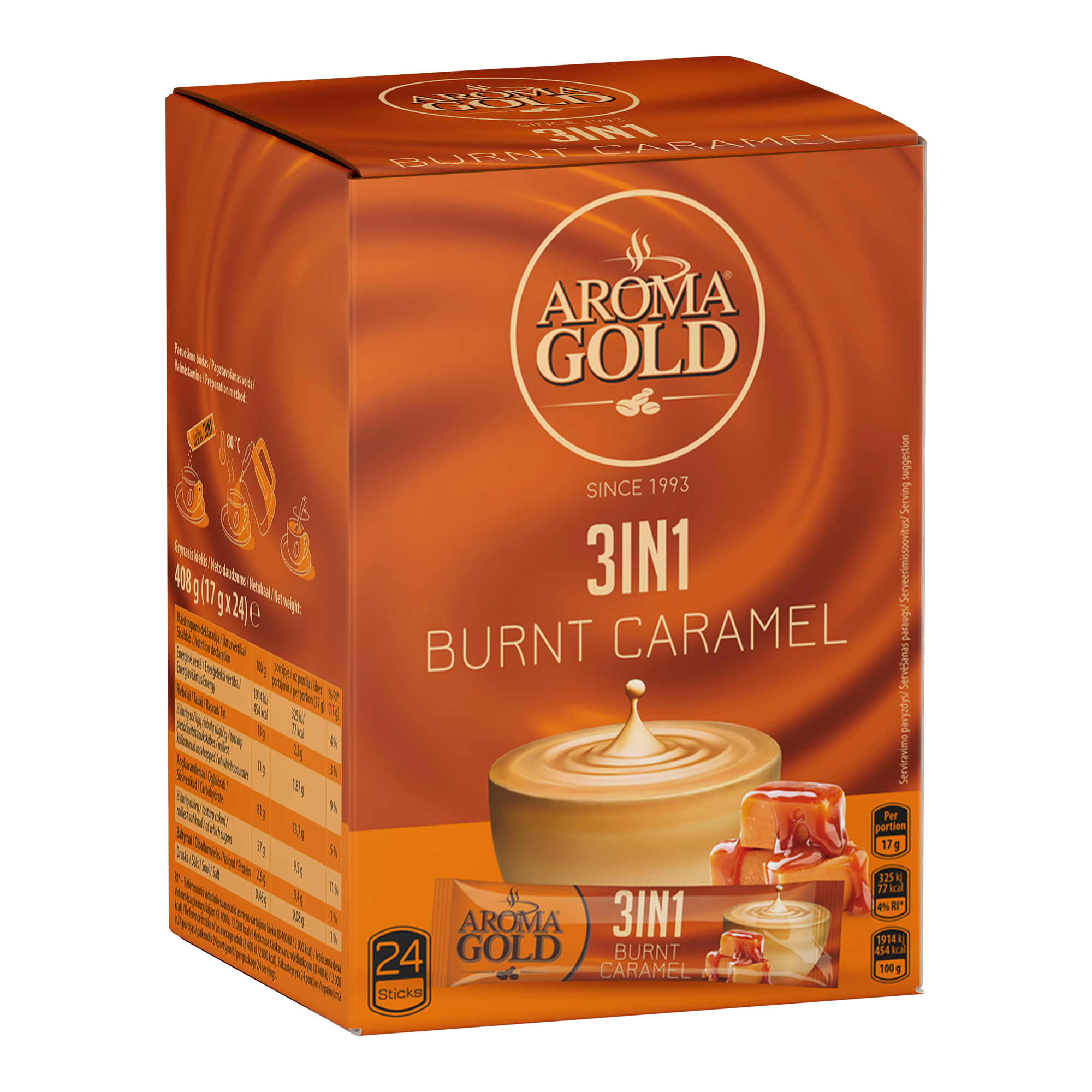 Nhà phân phối Cà phê hòa tan Caramel 3in1 Display X24 - Aroma Gold